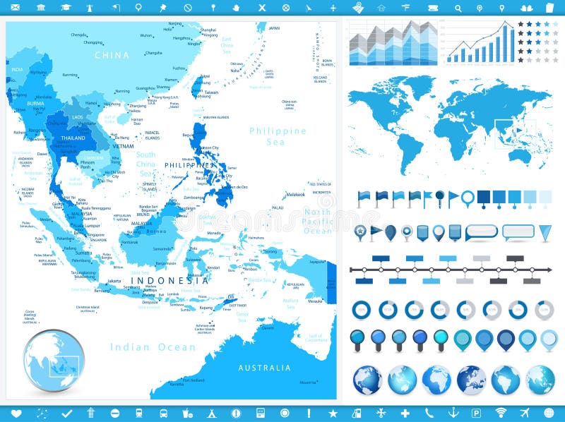 Southeast Asia Map and Infographic Elements Stock Vector - Illustration ...