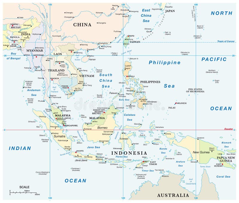 South East Asia Political Map in Four Colors with White Country Names ...