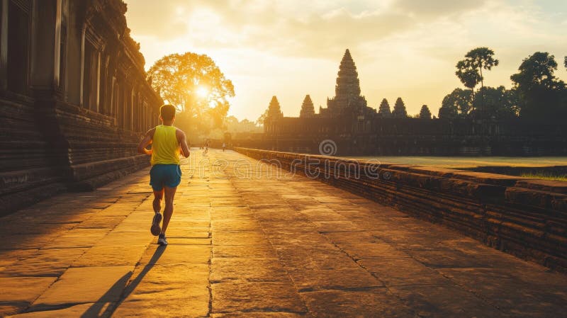 Southeast Asian Marathon Runner Training on Ancient Temple Pathway with ...