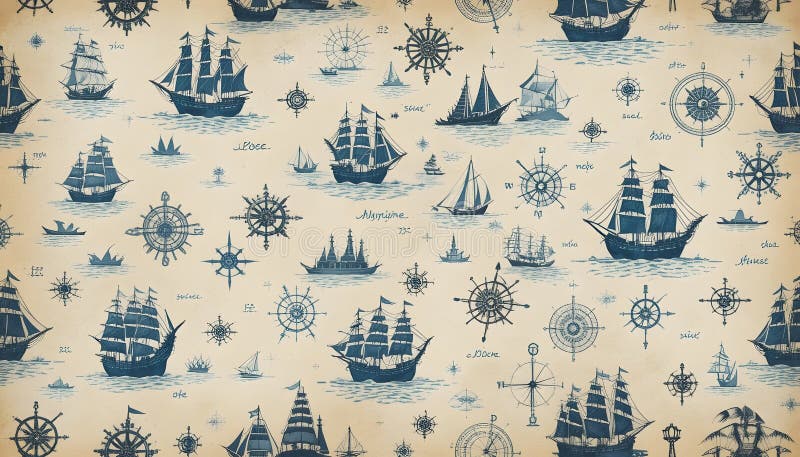 Southeast Asian Pattern Watercolor Sailboat with Compass Seamless ...