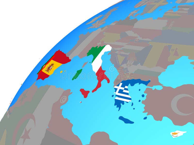 Southern Europe with Flags on Globe Stock Illustration - Illustration ...
