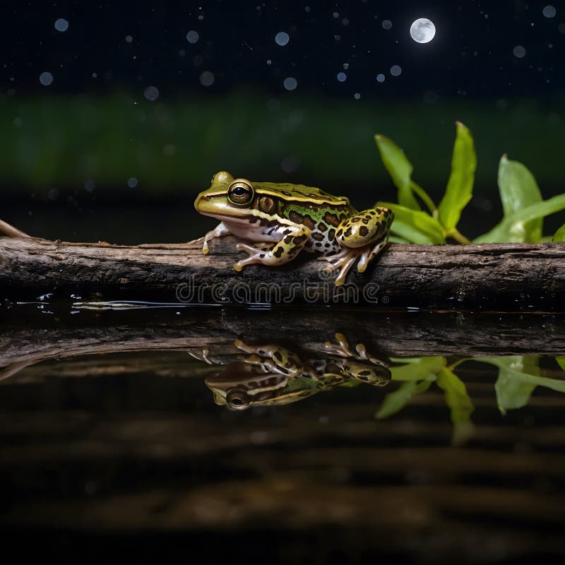 Southern Leopard Frog on a Waterlogged Log Illuminated by Fireflies and ...