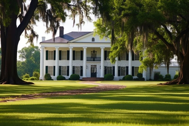 A Southern Plantation with White Columns and Sprawling Land Stock ...