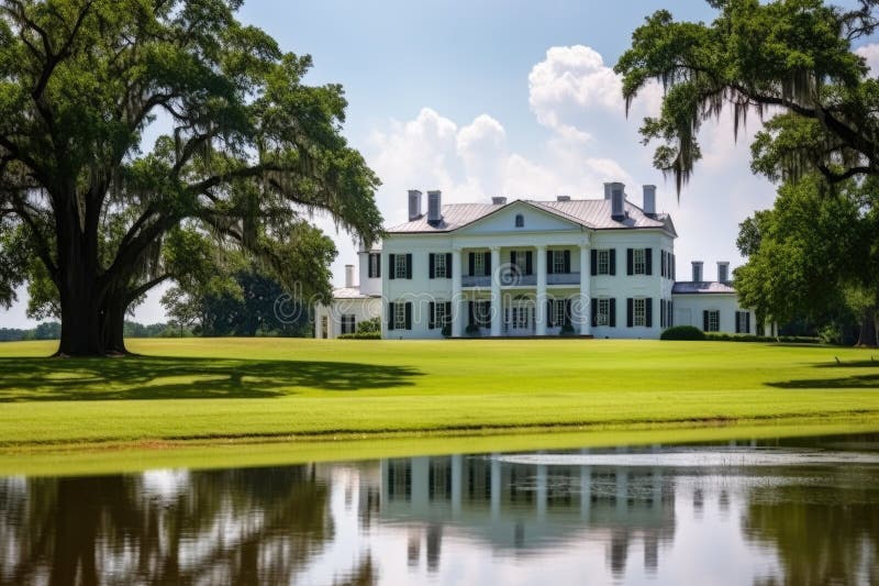 A Southern Plantation with White Columns and Sprawling Land Stock ...