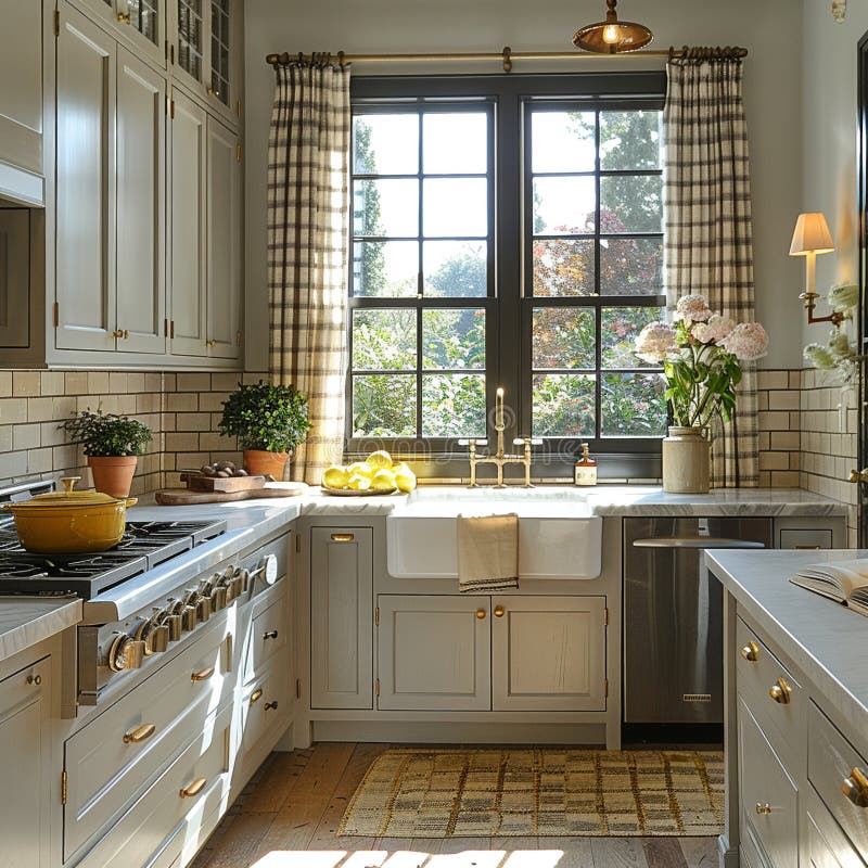Southern-style Kitchen with a Farmhouse Sink and Checkered Curtains ...
