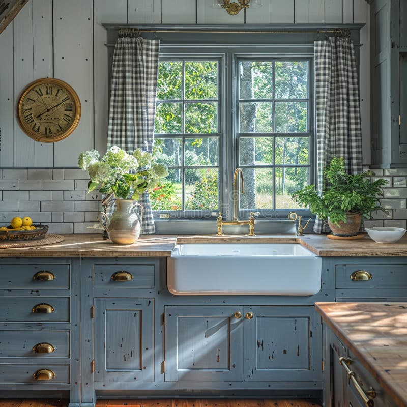 Southern-style Kitchen with a Farmhouse Sink and Checkered Curtains ...