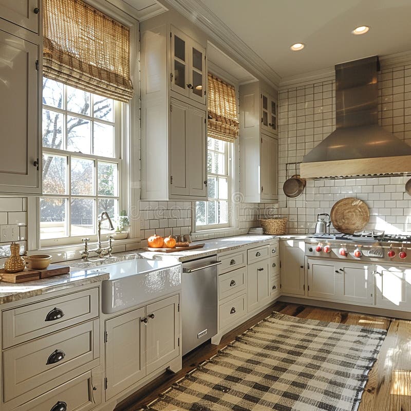 Southern-style Kitchen with a Farmhouse Sink and Checkered Curtains ...