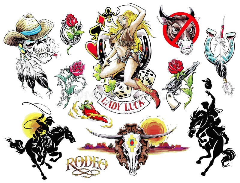 Southern Tattoo Flash Set. Set of Labels and Elements. Vector Set ...