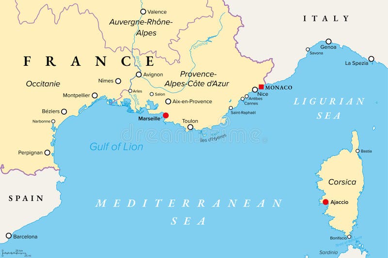 Southern France Coastline, Bordering the Mediterranean Sea, Political ...