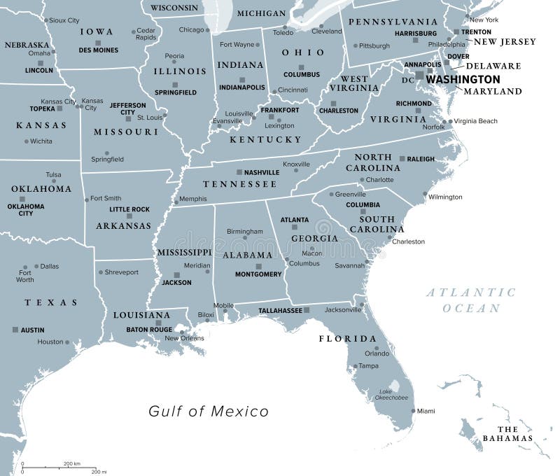 Southeast Region, the South of the United States, Gray Political Map ...