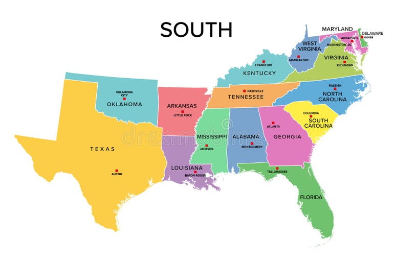 South, U.S. Census Region, Multi Colored Political Map Stock Vector ...
