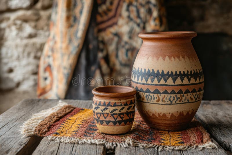 Southwest Pottery Display, Handmade Southwestern Pottery on a Rustic ...