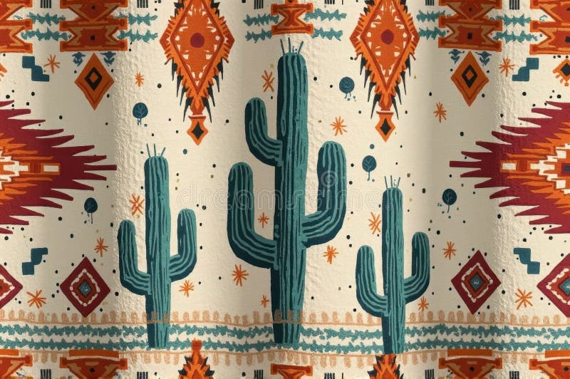 Southwestern Cactus Pattern with Tribal Geometric Design on Fabric ...