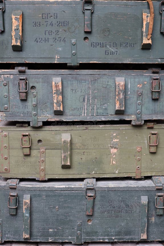 Soviet Army Ammunition Stack of Green Crates with Russian Names of Ammo ...