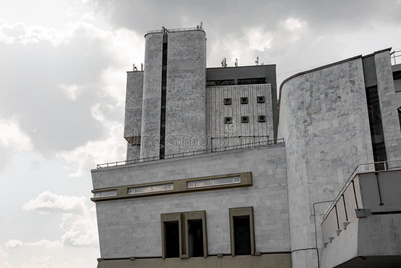 Soviet Brutalist Architecture. High Gray Walls with Small Windows Stock ...