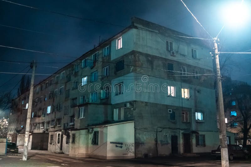 Soviet Building at the Night with a Light in Windows Stock Photo ...