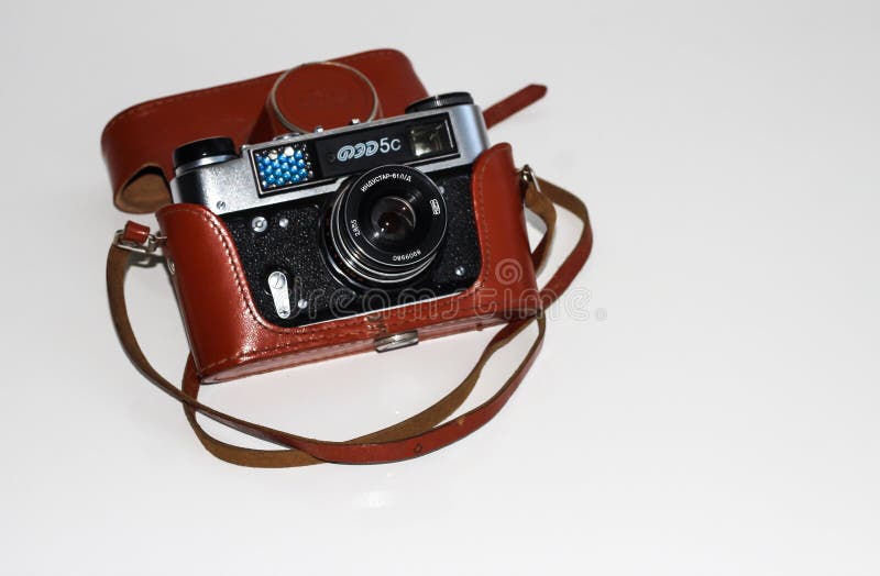 Soviet Camera on a Light Background in a Case. Soviet FED-5 Camera 1935 ...