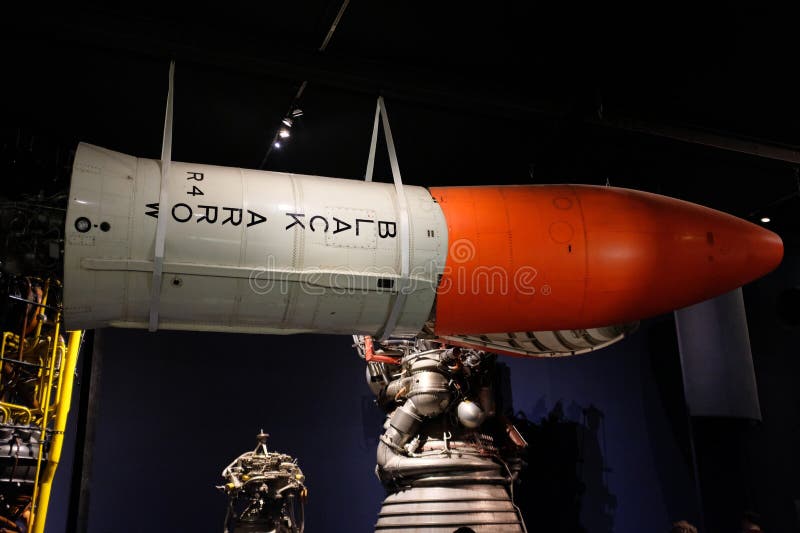 Soviet-era Rocket Displayed in a Museum, Featuring a White Cylindrical ...