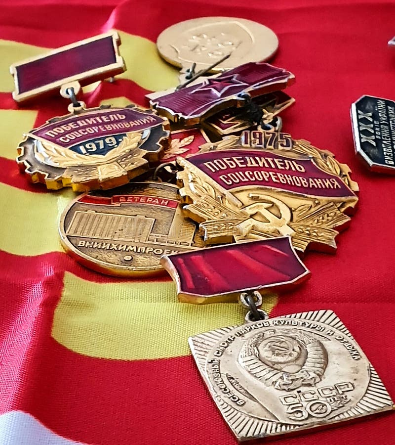 Soviet Flag and Original Medals & Badges Stock Photo - Image of soviet ...