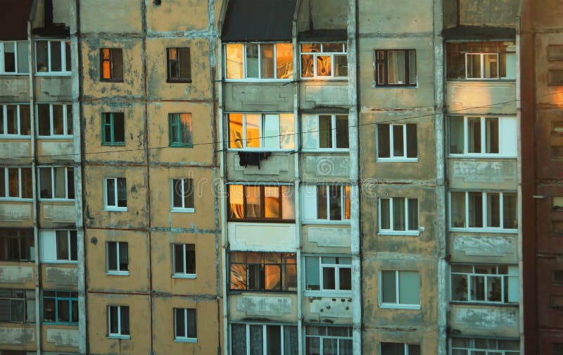 Soviet Residential Buildings at Evening with Window Reflections Stock ...