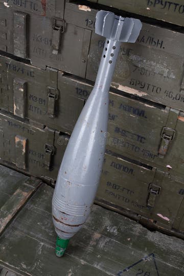 Soviet or Russian 120 Mm Mortar Shell on Army Green Crate. Text in ...