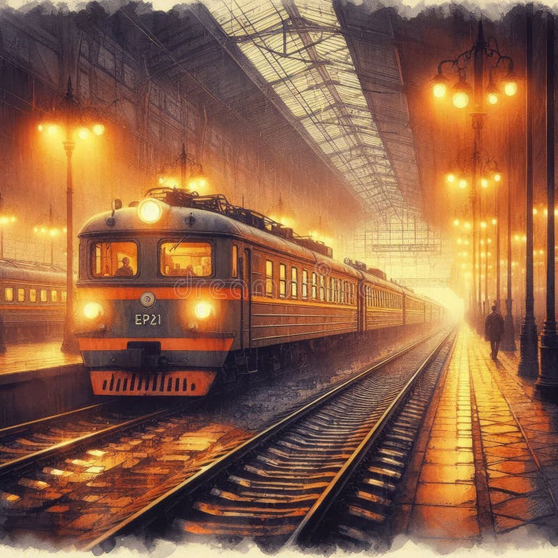 Soviet Train at Evening Station Stock Illustration - Illustration of ...