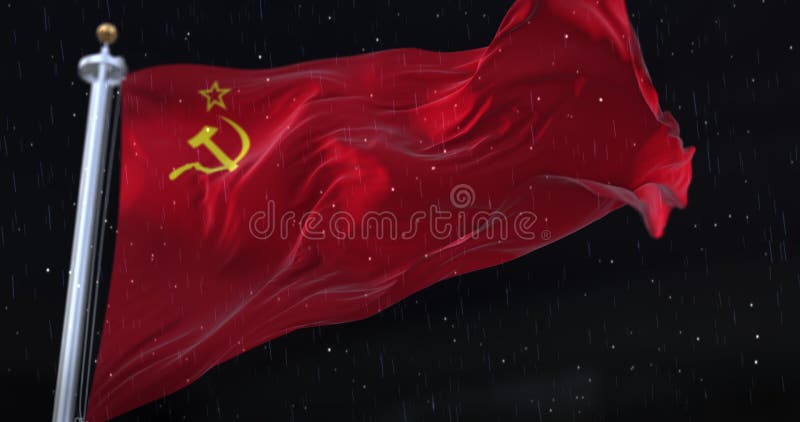 Soviet Union Flag Waving with Rain and Snow in the Night. Loop Stock ...