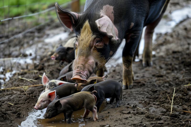 Sow with Piglets in a Muddy Enclosure Stock Photo - Image of livestock ...
