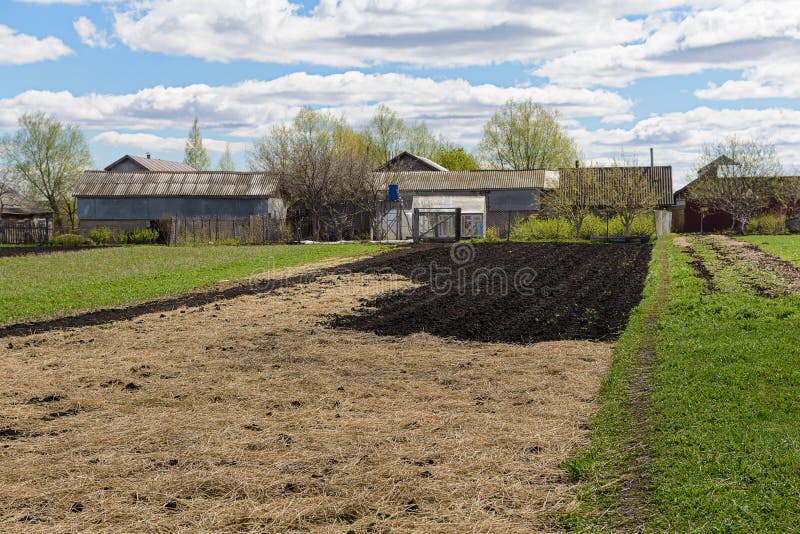 Sowed Field in Front of the House Stock Photo - Image of land, green ...