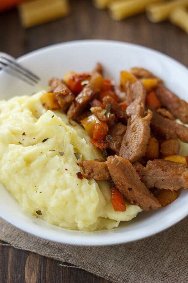 Soy Meat with Potato Puree Over Kitchen Table. Stock Photo - Image of ...