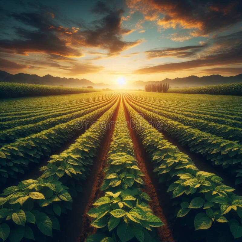 Soybean Field with Rows of Plants. Lush Rows of Soya Beans Growing in ...