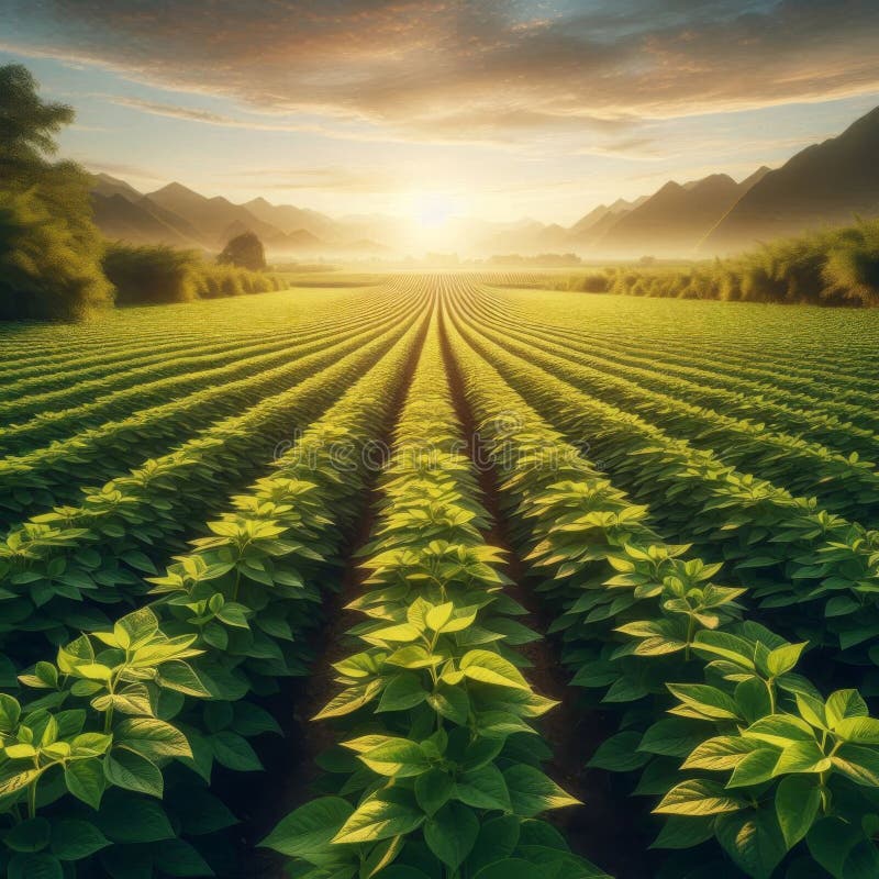 Soybean Field with Rows of Plants. Lush Rows of Soya Beans Growing in ...
