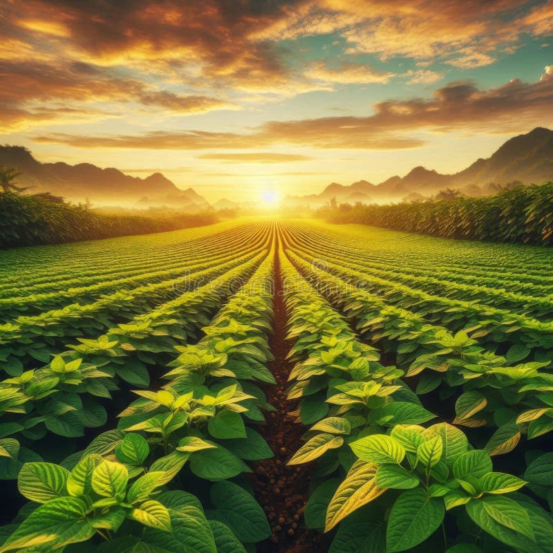 Soybean Field with Rows of Plants. Lush Rows of Soya Beans Growing in ...