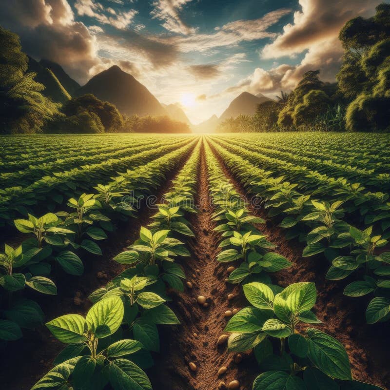 Soybean Field with Rows of Plants. Lush Rows of Soya Beans Growing in ...
