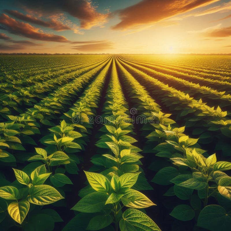 Soybean Field with Rows of Plants. Lush Rows of Soya Beans Growing in ...