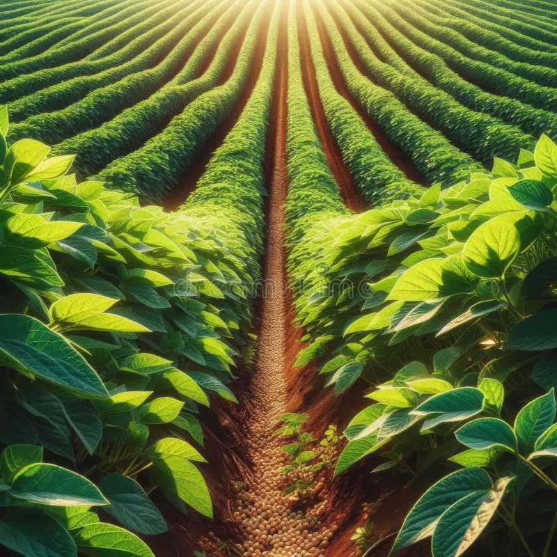 Soybean Field with Rows of Plants. Lush Rows of Soya Beans Growing in ...