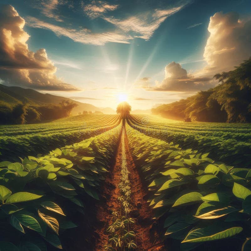 Soybean Field with Rows of Plants. Lush Rows of Soya Beans Growing in ...