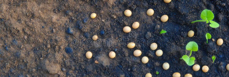 Soybean Seeds Scattered on Rich Soil with Emerging Green Sprouts Stock ...