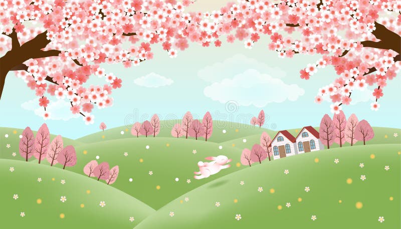 Spring Landscape with Sakura Tree, Hut and Rabbit Stock Vector ...