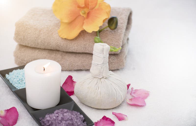 Spa Accessories Aromatic Candle,compress Ball, Salt Scrub Stock Image ...