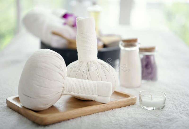 Spa Accessories Still Life with Herb Compress Ball and Aromatic Stock ...
