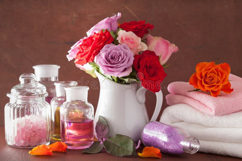 Spa Aromatherapy with Rose Flowers Essential Oil Salt Stock Image ...