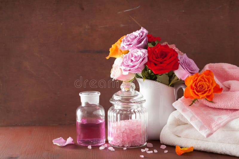 Spa Aromatherapy with Rose Flowers Essential Oil Salt Stock Image ...