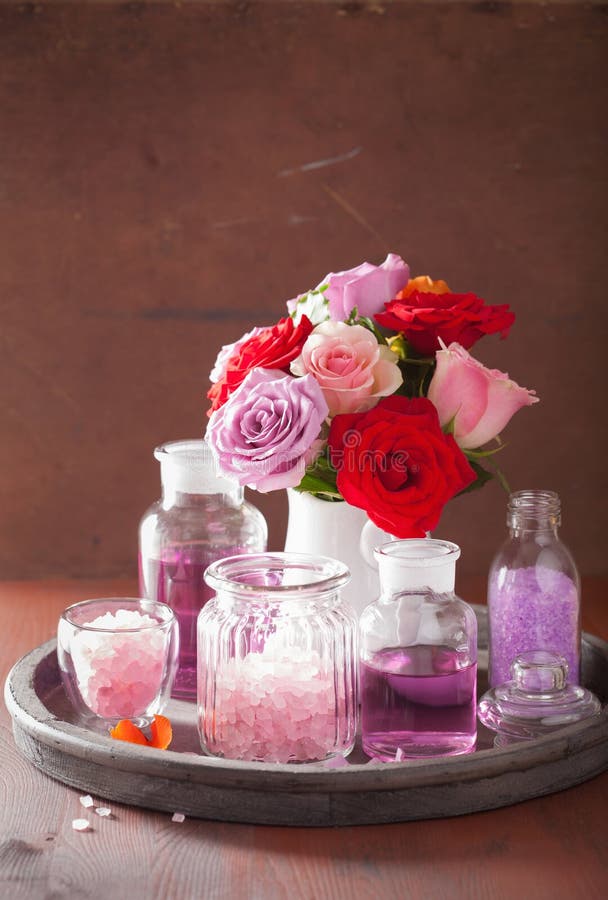 Spa Aromatherapy with Rose Flowers Essential Oil Salt Stock Image ...