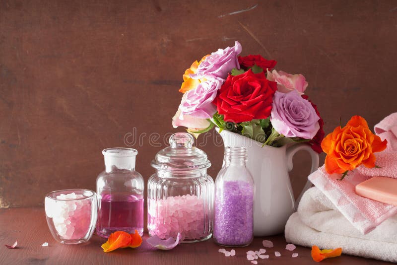 Spa Aromatherapy with Rose Flowers Essential Oil Salt Stock Photo ...