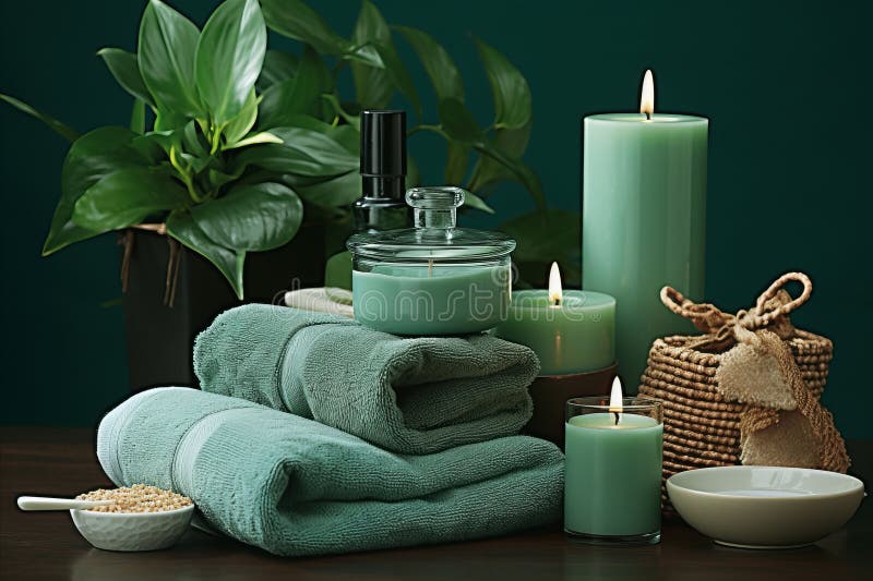 Spa Backdrop with Relaxing Green Accessories for Aromatherapy and Self ...