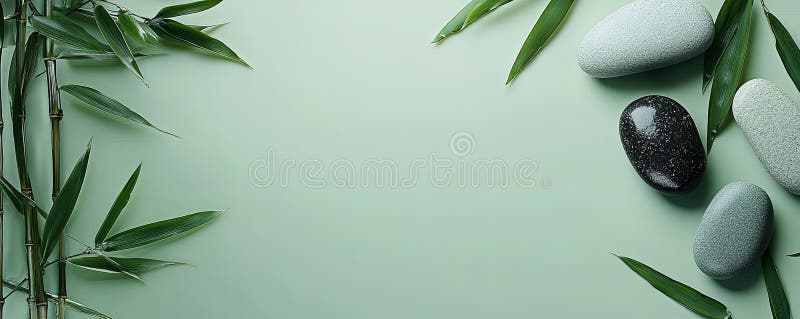Spa Background with Bamboo Leaves and Grey and Black Pebbles on Pastel ...