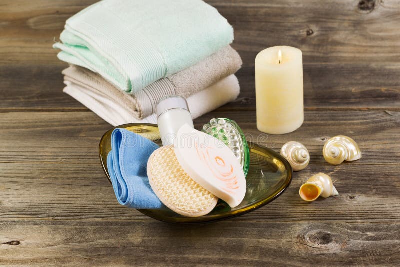 Spa Basic Hygiene Accessories on Rustic Wood Stock Photo - Image of ...