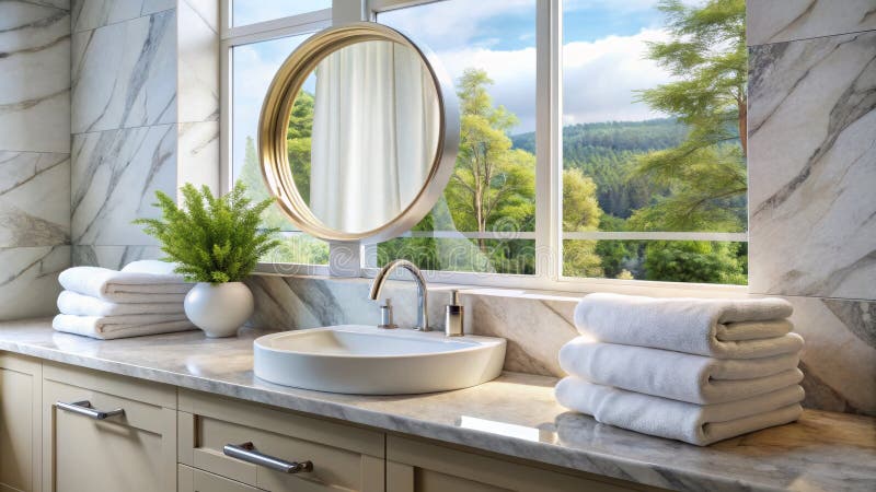 Spa Bathroom Marble, Round Mirror, Forest View Stock Illustration ...