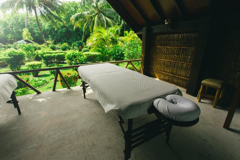 Spa Beds Ready To Massage at Outdoors Tropical Island Stock Photo ...